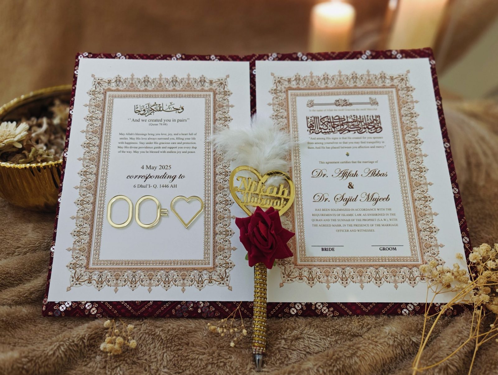 Elegant Nikkah Certificate with Customized Nikkah Pen-Red - Islamic Gifts